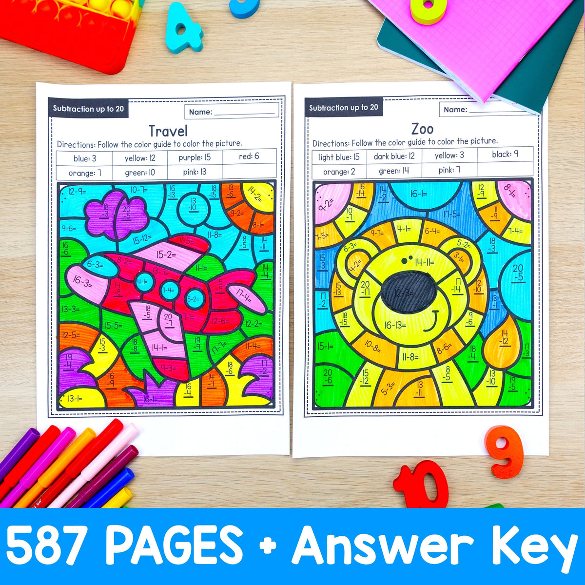 587 Color by Number Worksheets - Subtraction within 20 - YEAR-LONG BUN ...