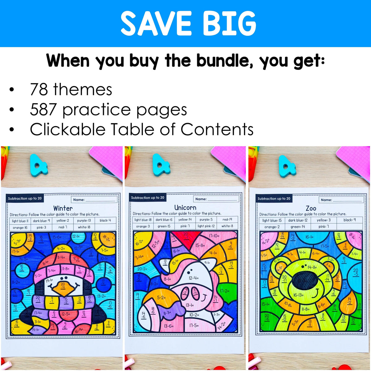 587 Color by Number Worksheets - Subtraction within 20 - YEAR-LONG BUN ...